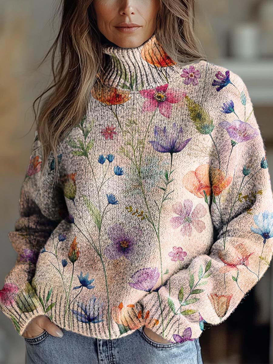 Women's Vintage Art Watercolor Flowers Print Knit Turtleneck Pullover – rosycomfy.com